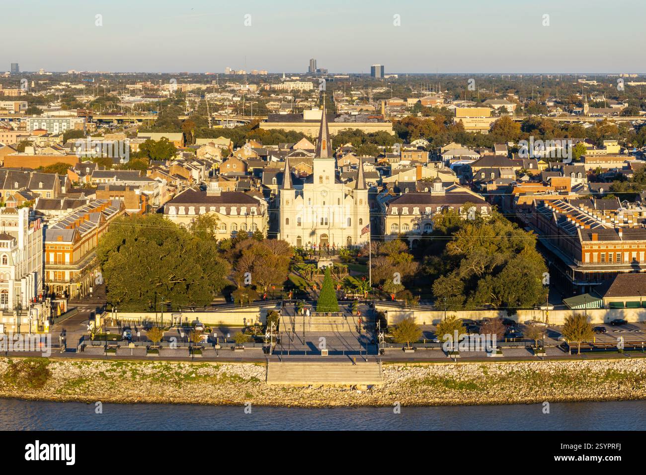 Aerial view of Jackson Square with Saint Louis Cathedral church and ...