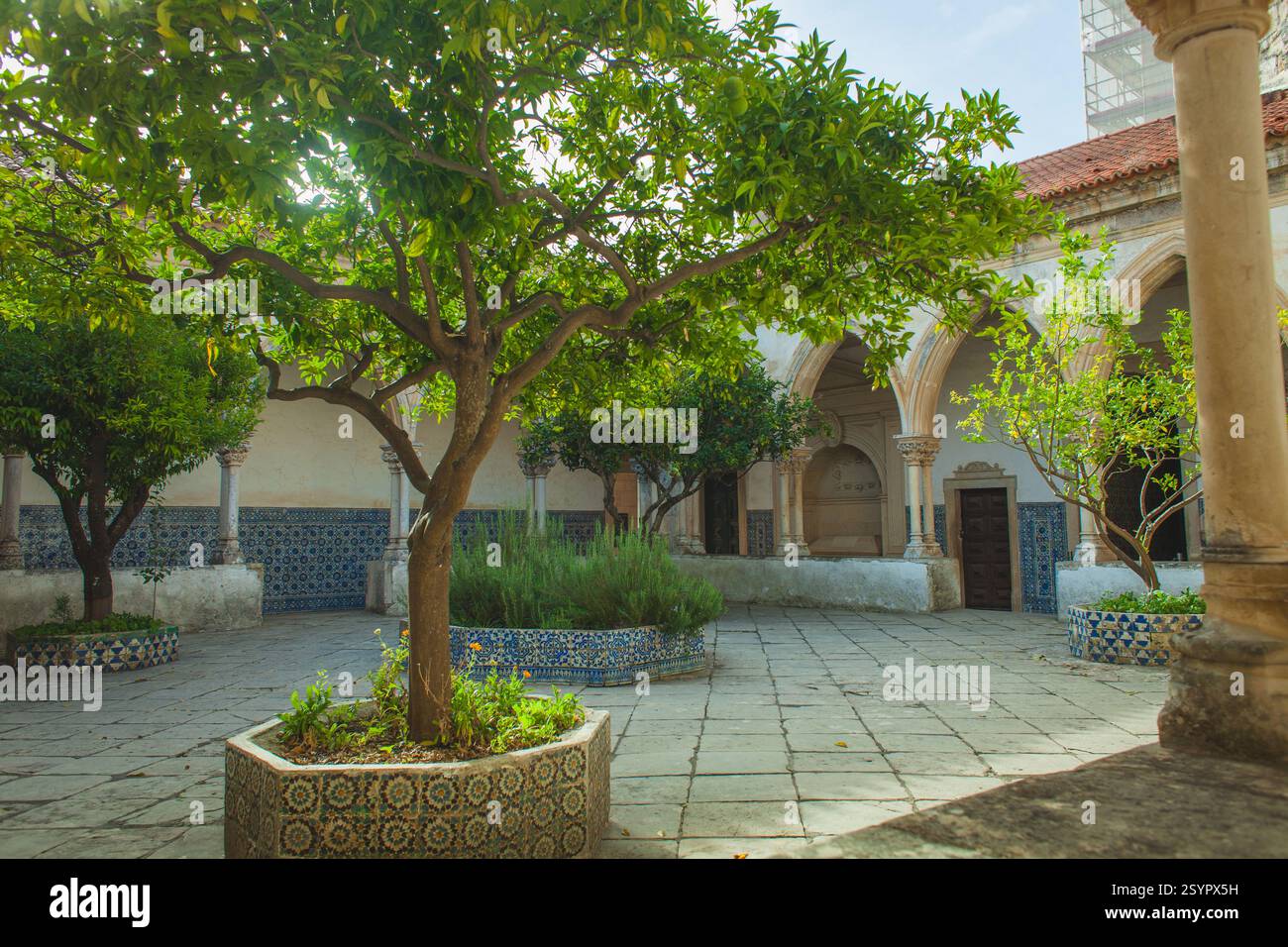 courtyard within a historic monastery, featuring lush greenery, potted ...