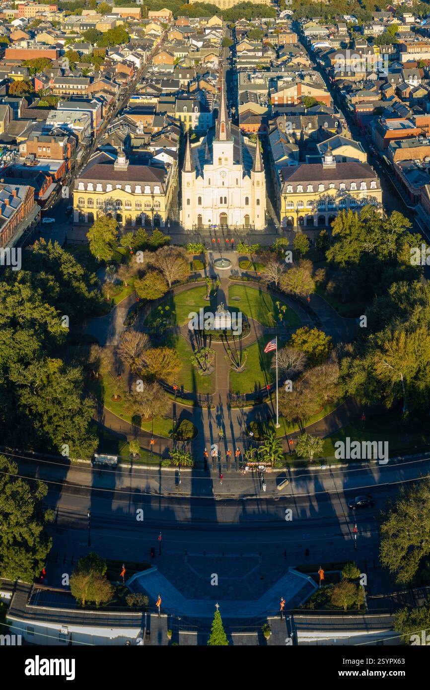 Aerial view of Jackson Square with Saint Louis Cathedral church and ...