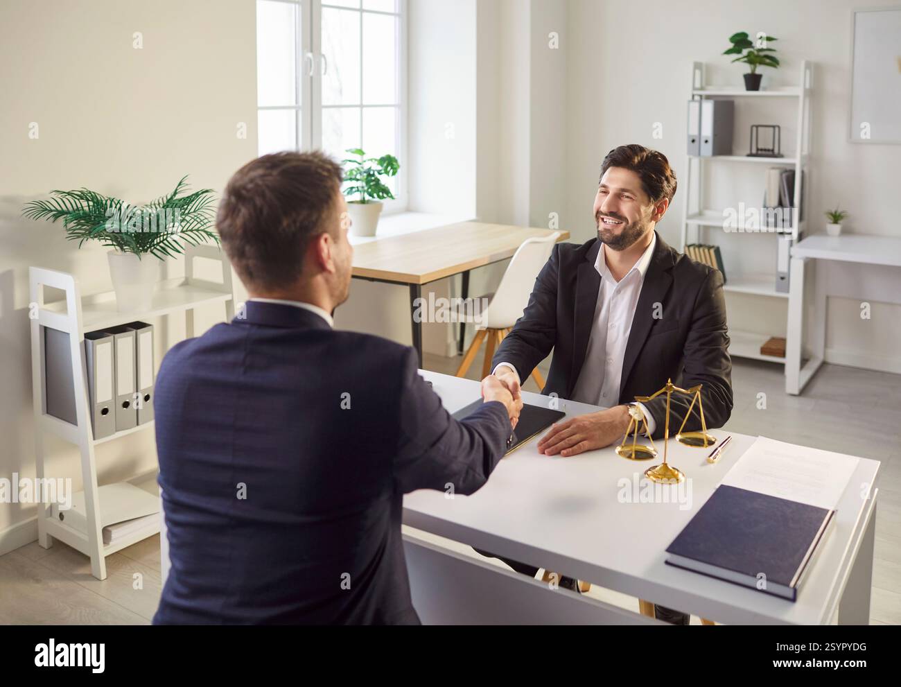 Professional lawyer makes handshake with client sitting at office desk ...