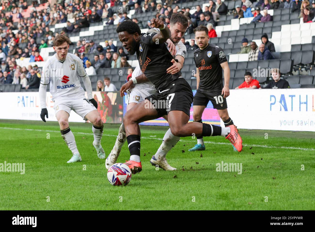 Milton Keynes on Saturday 1st March 2025. Colchester United's Tyreece ...