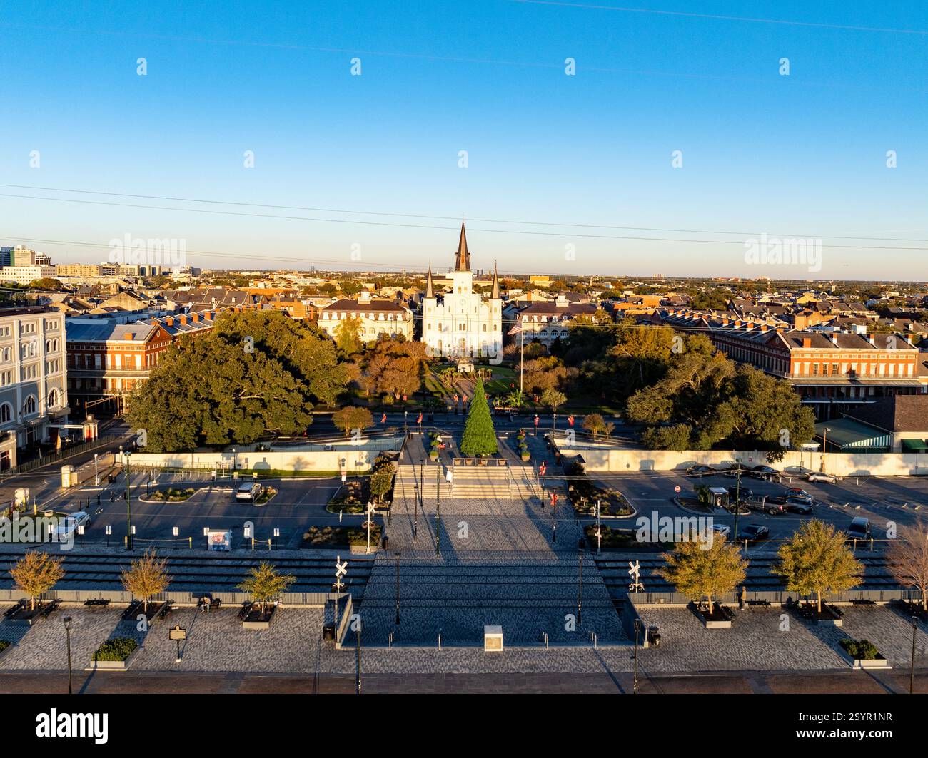 Aerial view of Jackson Square with Saint Louis Cathedral church and ...