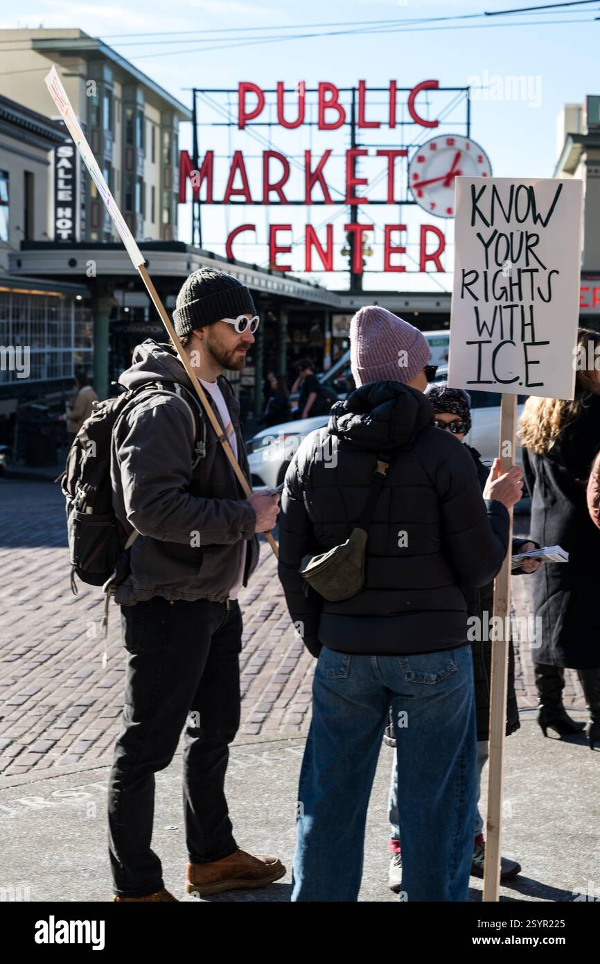 Seattle, USA. 26th Jan 2025. Pro immigration and trans rights folks at ...