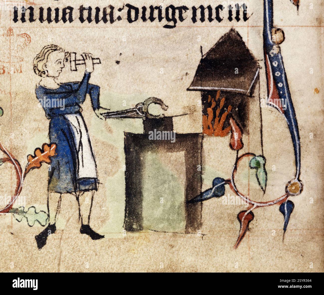 A marginal drawing from a Book of Hours. It shows a farrier at work in ...