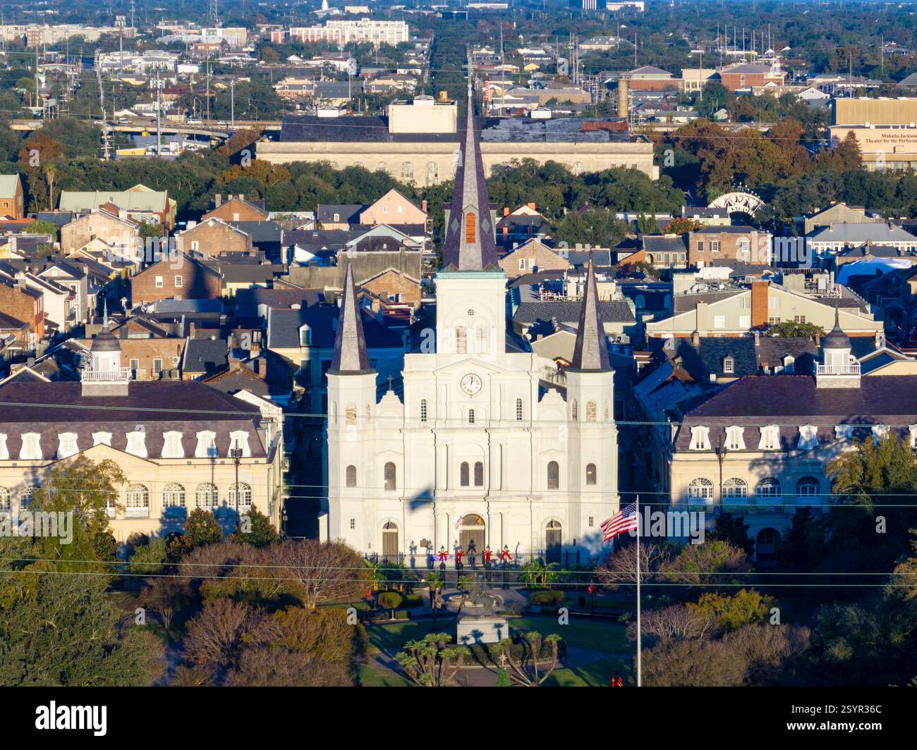 Aerial view of Jackson Square with Saint Louis Cathedral church and ...