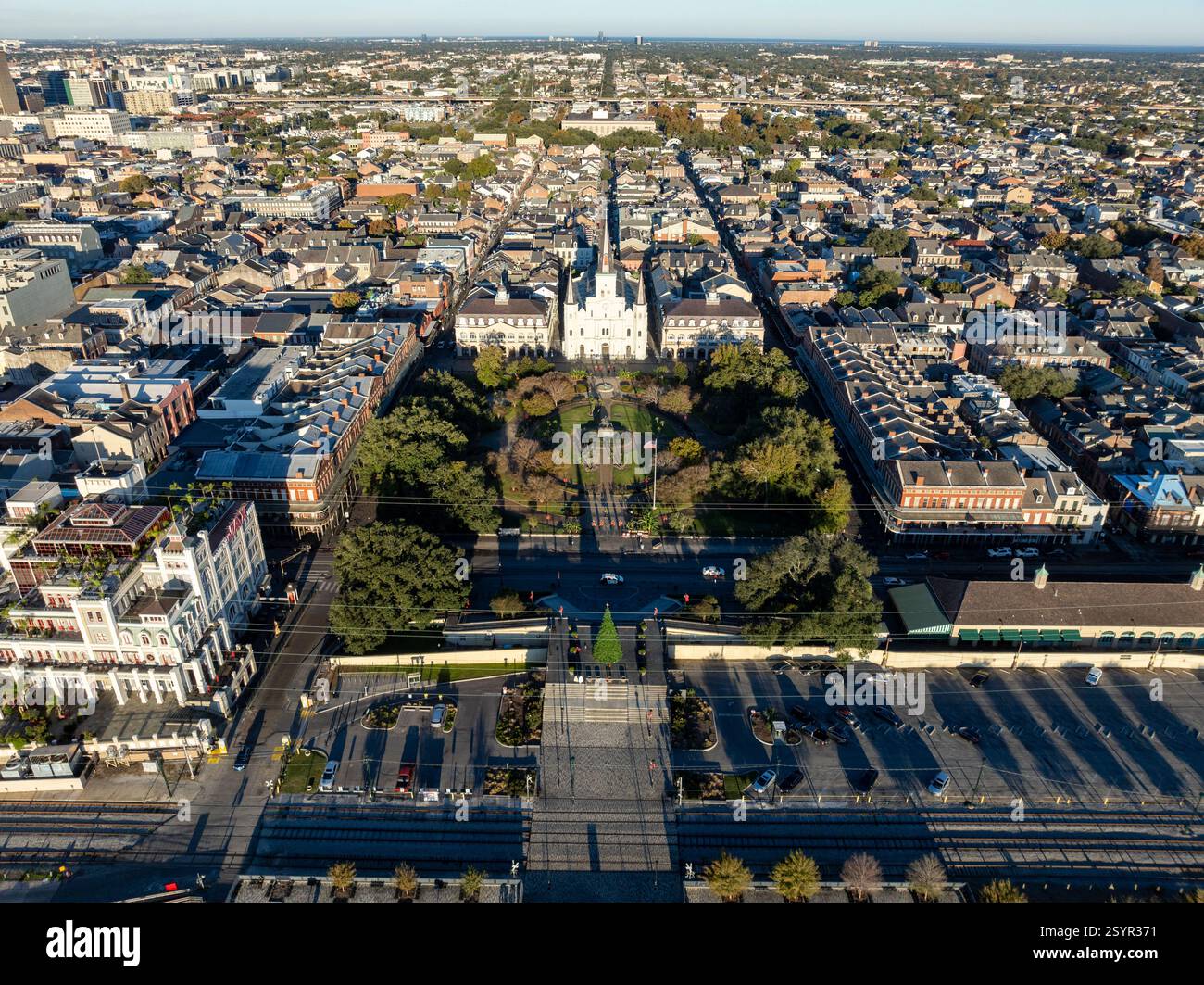 Aerial view of Jackson Square with Saint Louis Cathedral church and ...