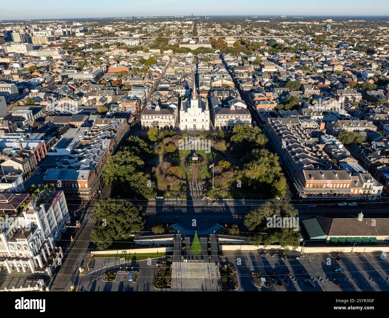 Aerial view of Jackson Square with Saint Louis Cathedral church and ...