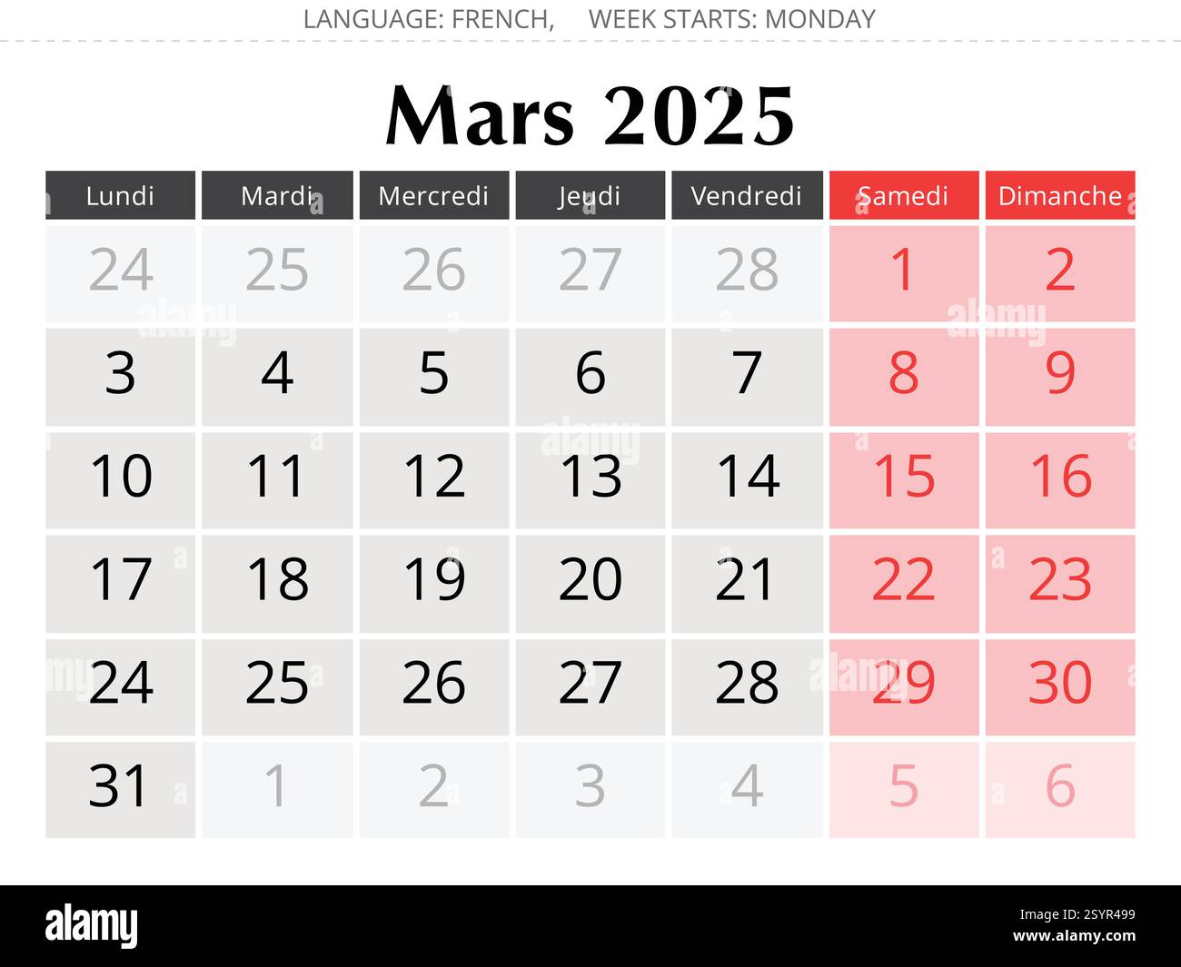 French calendar for march 2025. Vector illustration of spring month for ...