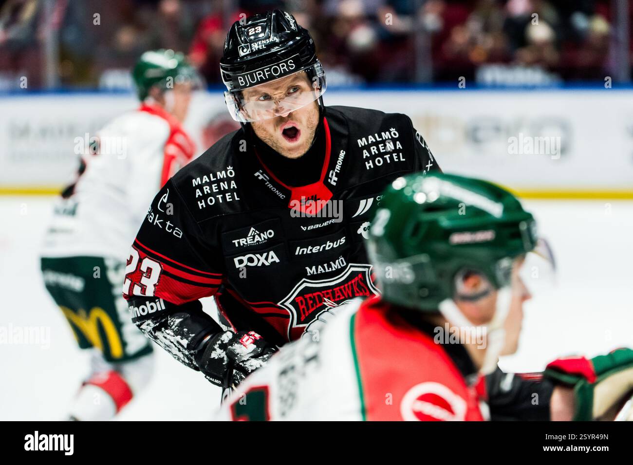 250301 Malmö Redhawks Christoffer Forsberg under ishockeymatchen i SHL ...