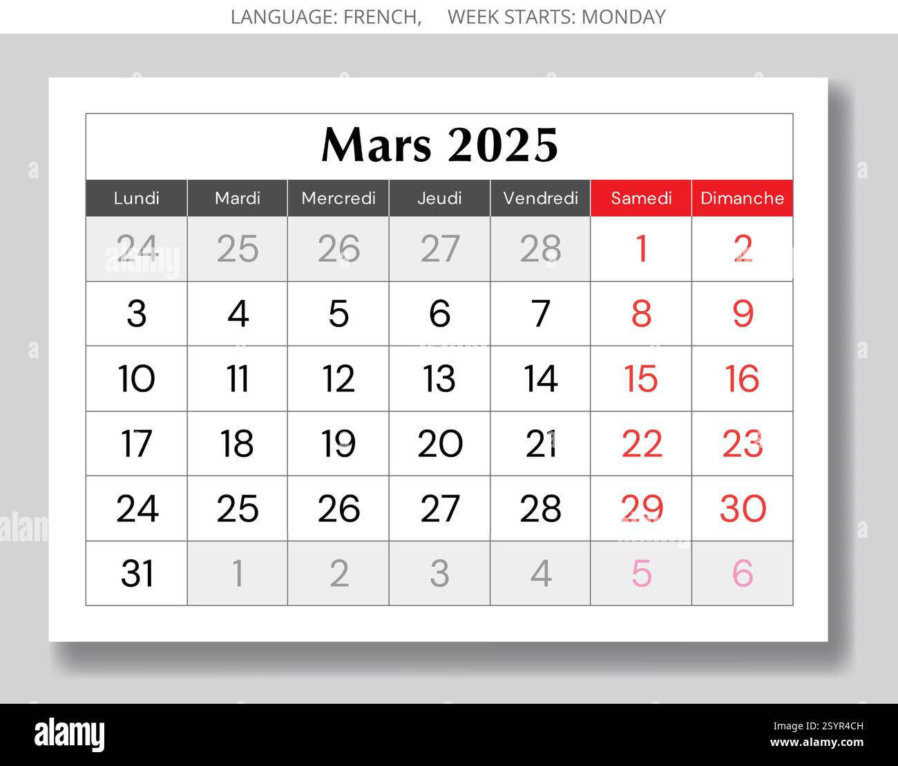 French calendar for march 2025. Vector illustration of a spring month ...