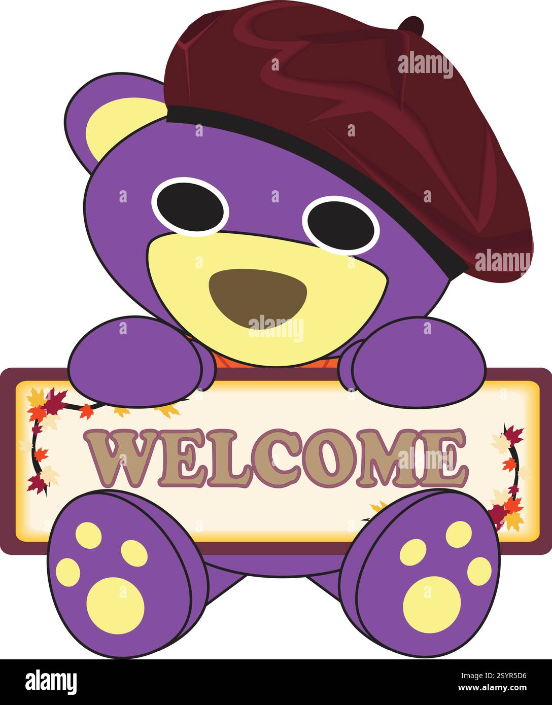 Welcome board sign room, cute bear wear beret hold welcome hanging door ...