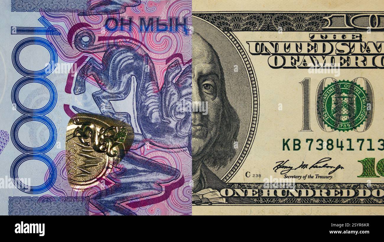 Half of a 10,000 tenge and 100 dollar bill Stock Photo - Alamy