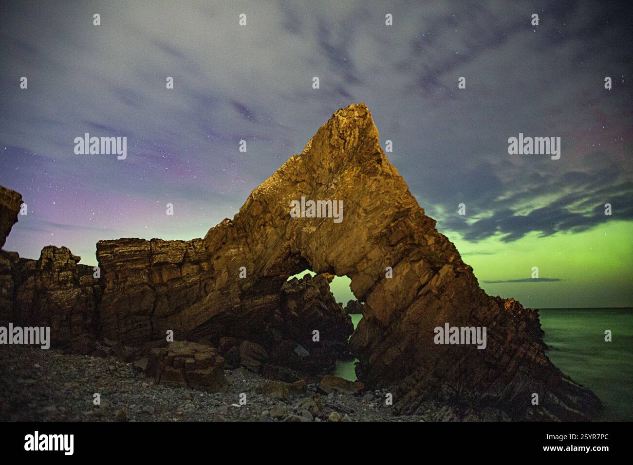 aurora at the needles eye tarlair macduff Aberdeenshire scotland Stock ...