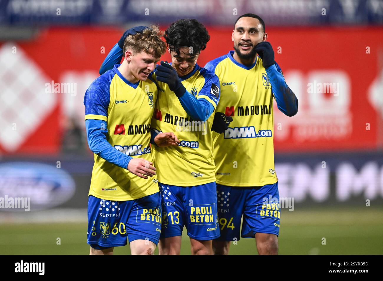 Sint Truiden, Belgium. 01st Mar, 2025. STVV's Robert-Jan Vanwesemael and STVV's Ryotaro Ito ...