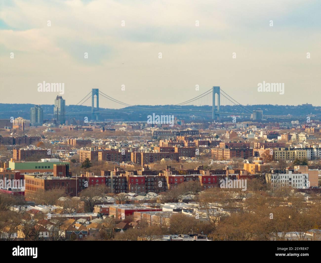 Aerial panoramic skyline view of Southern Brooklyn and the Verrazzano ...