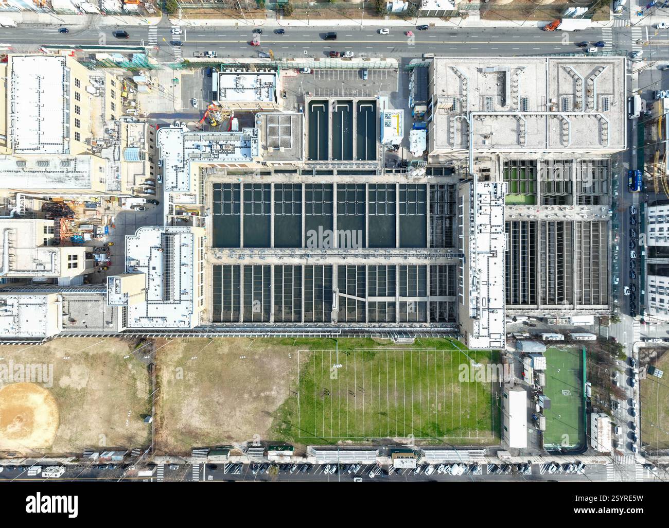 Aerial view of modern water cleaning facility at urban wastewater ...