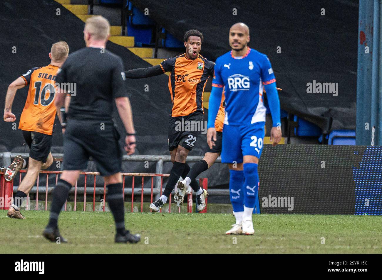 Barnet's Adebola Oluwo celebrates his side's third goal during the ...
