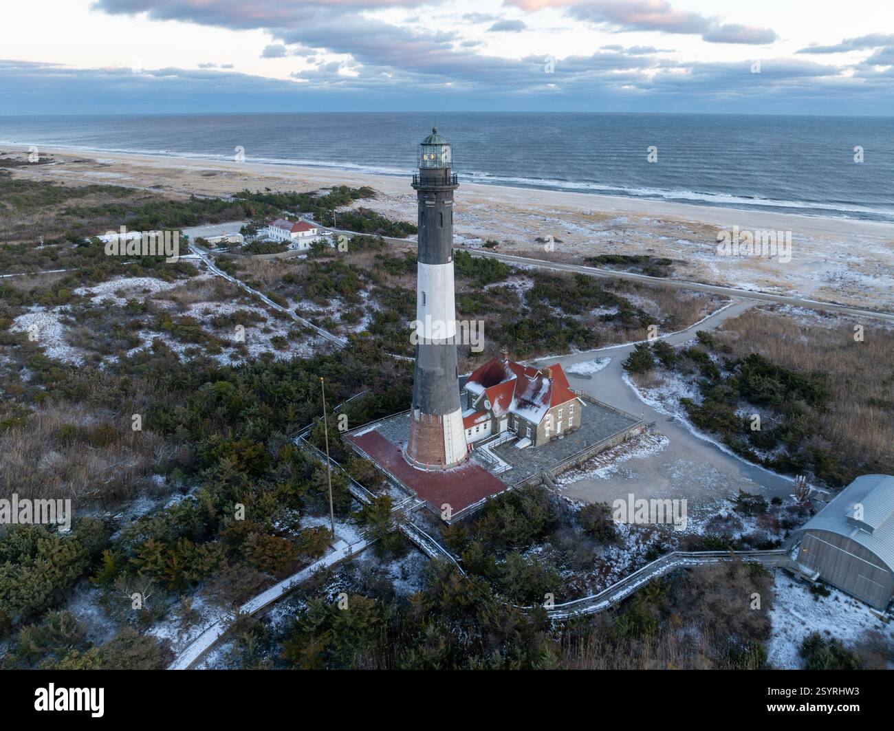 An aerial view of the Fire Island Lighthouse, an iconic landmark on the ...