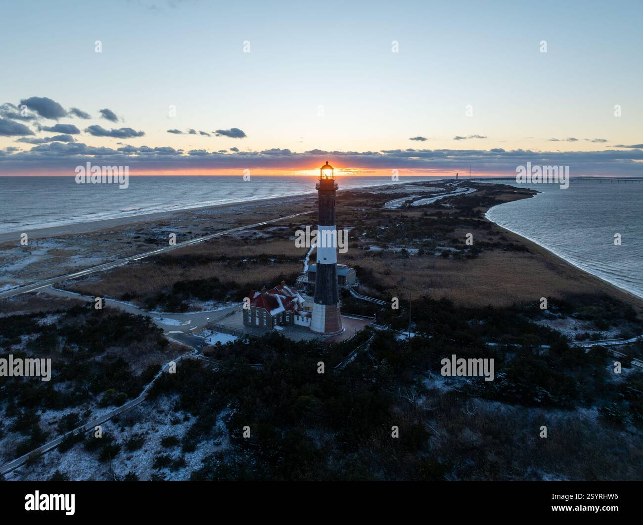 An aerial view of the Fire Island Lighthouse, an iconic landmark on the ...