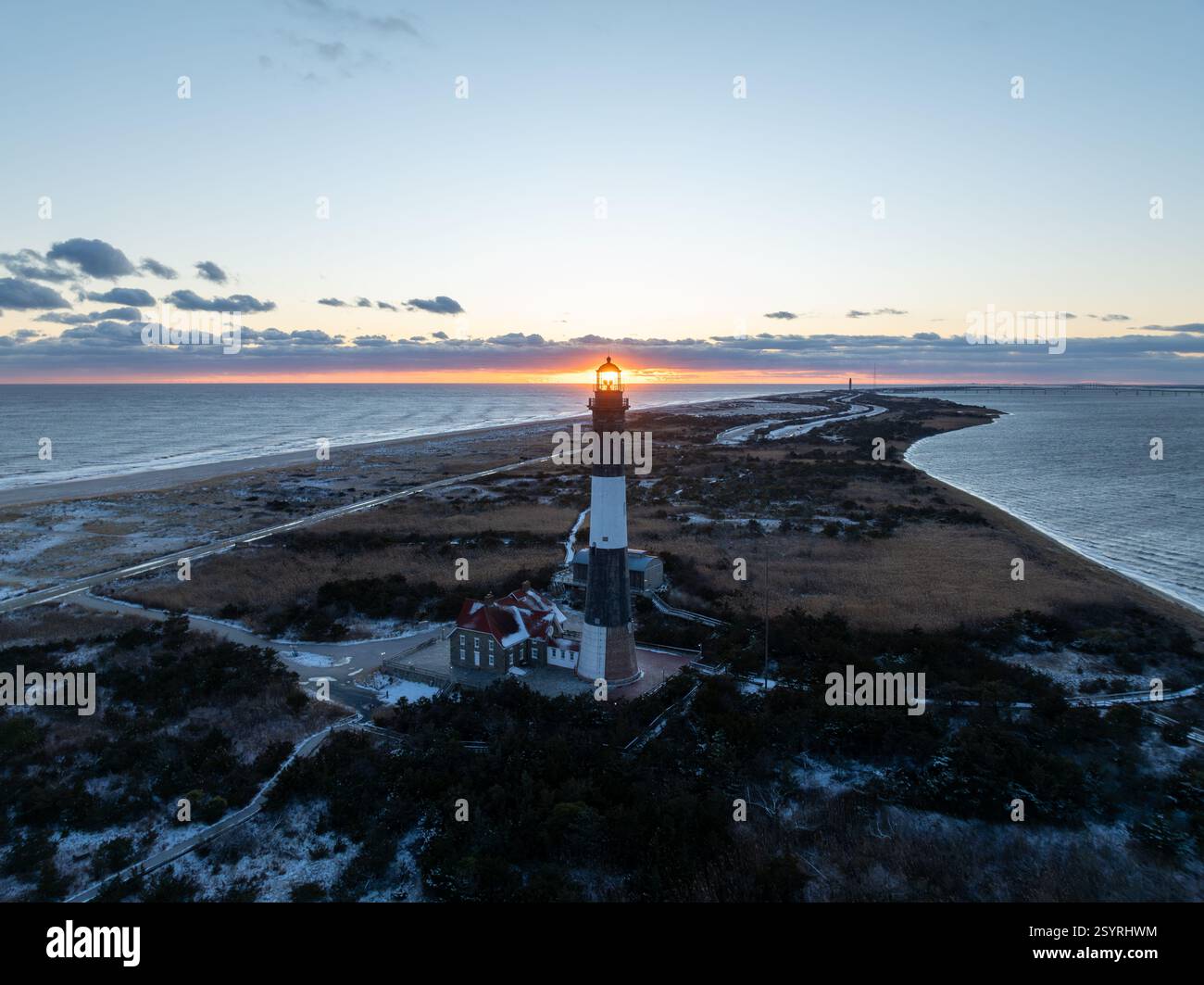 An aerial view of the Fire Island Lighthouse, an iconic landmark on the ...