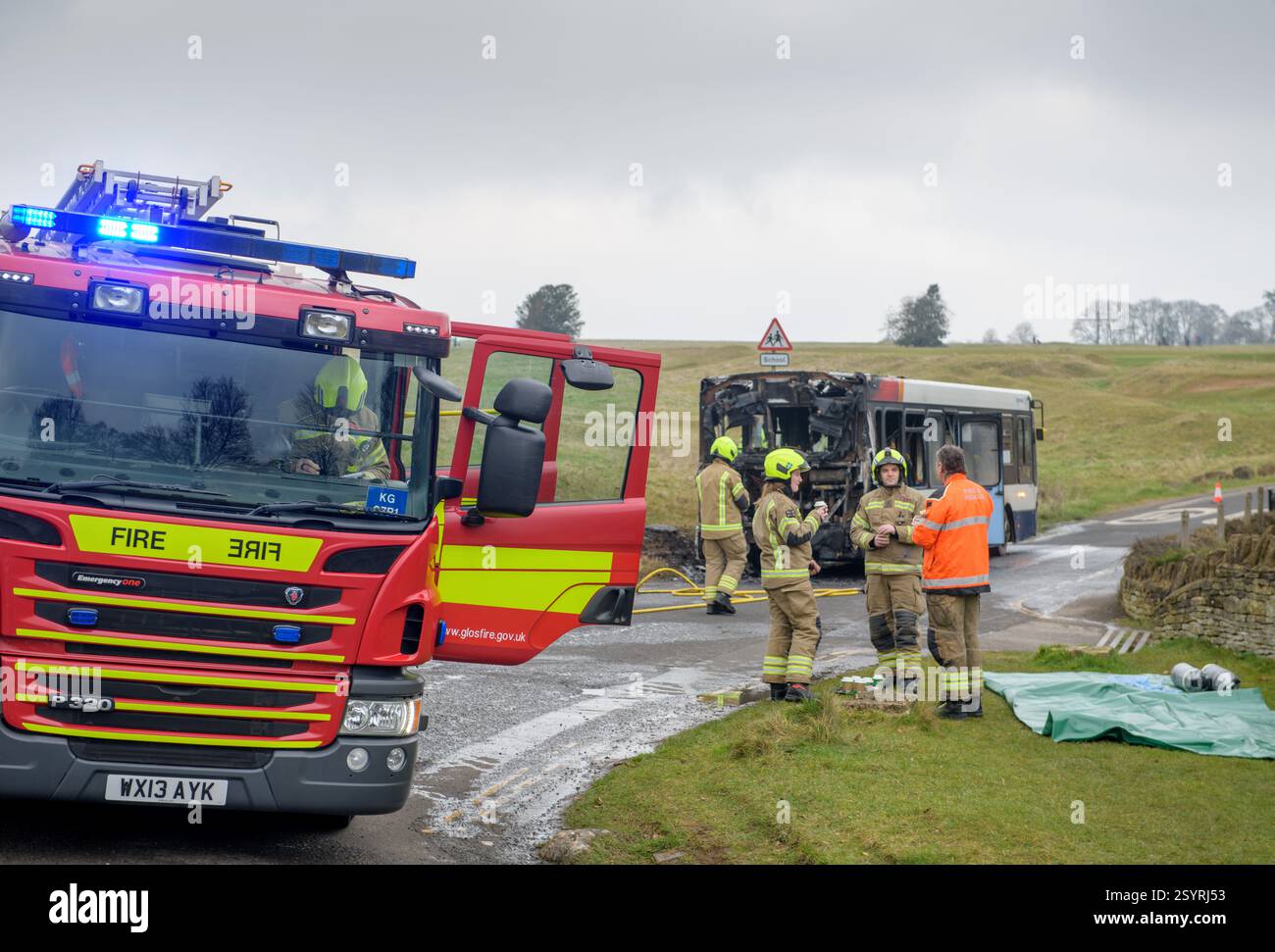 The scene after a bus fire was extinguished by firefighters on ...