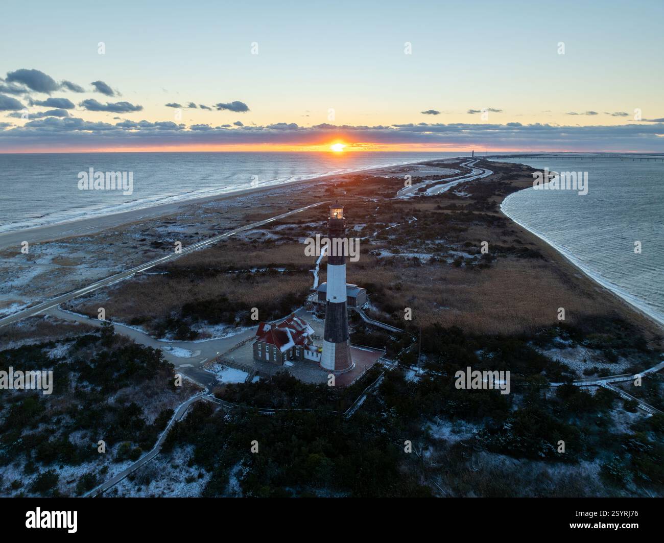 An aerial view of the Fire Island Lighthouse, an iconic landmark on the ...