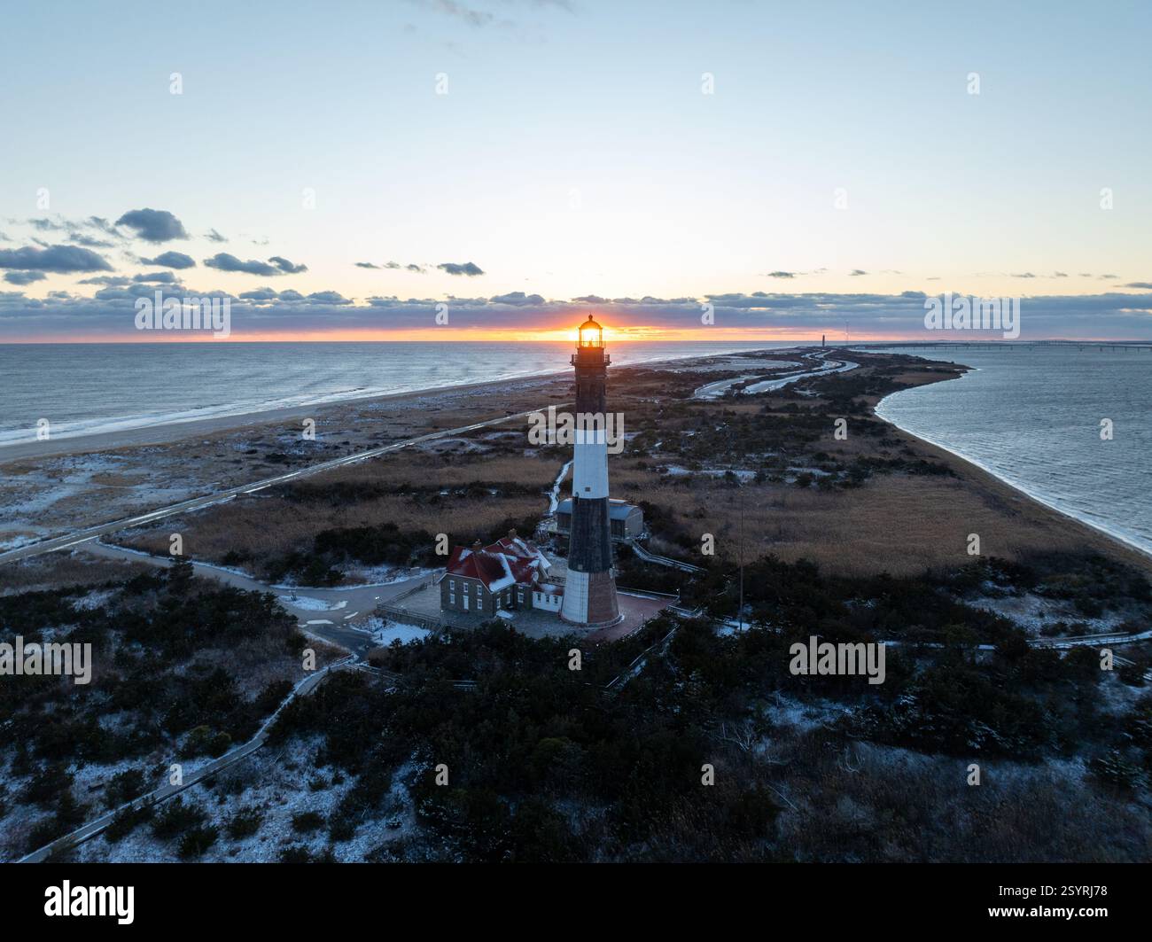 An aerial view of the Fire Island Lighthouse, an iconic landmark on the ...