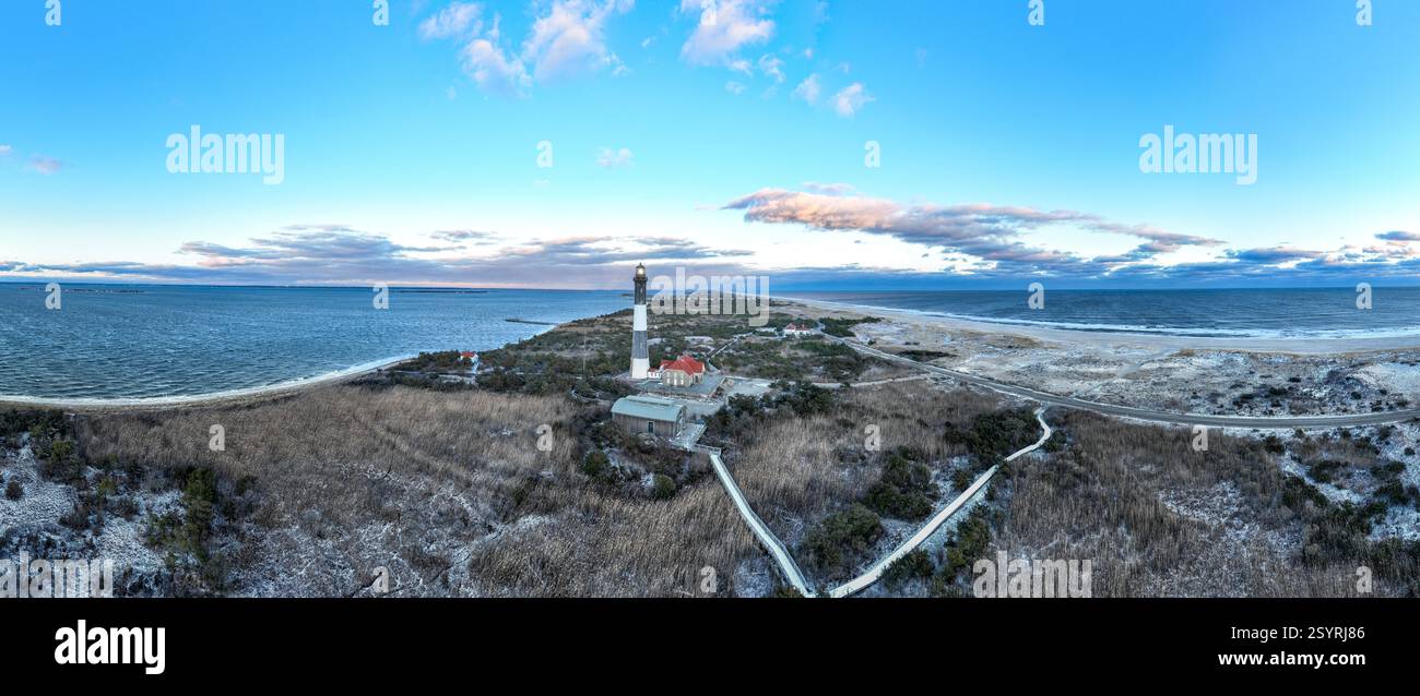 An aerial view of the Fire Island Lighthouse, an iconic landmark on the ...