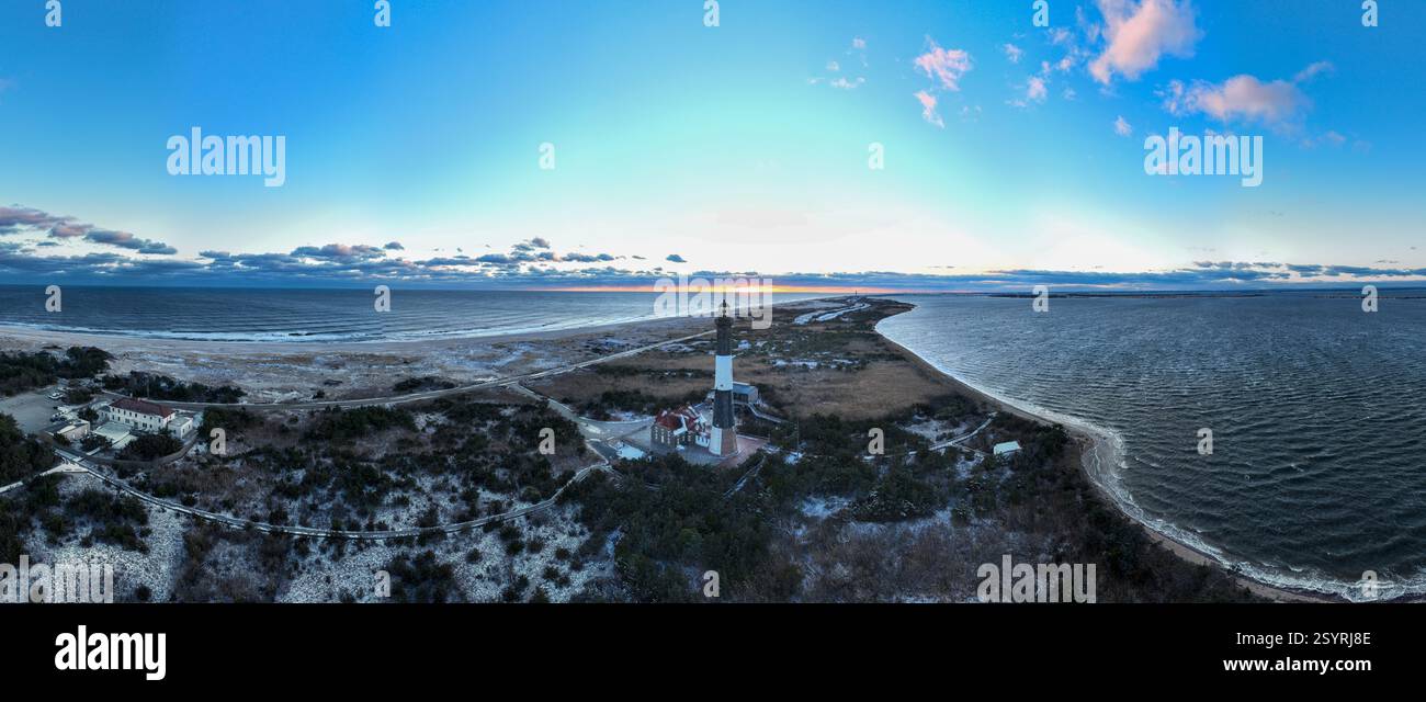 An aerial view of the Fire Island Lighthouse, an iconic landmark on the ...
