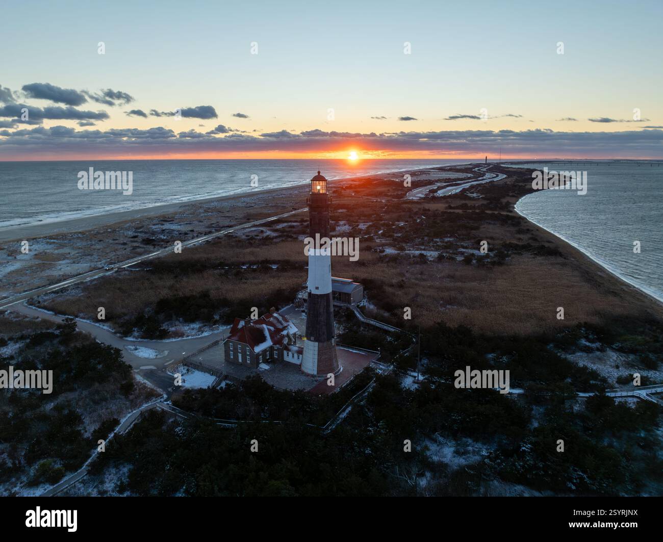An aerial view of the Fire Island Lighthouse, an iconic landmark on the ...