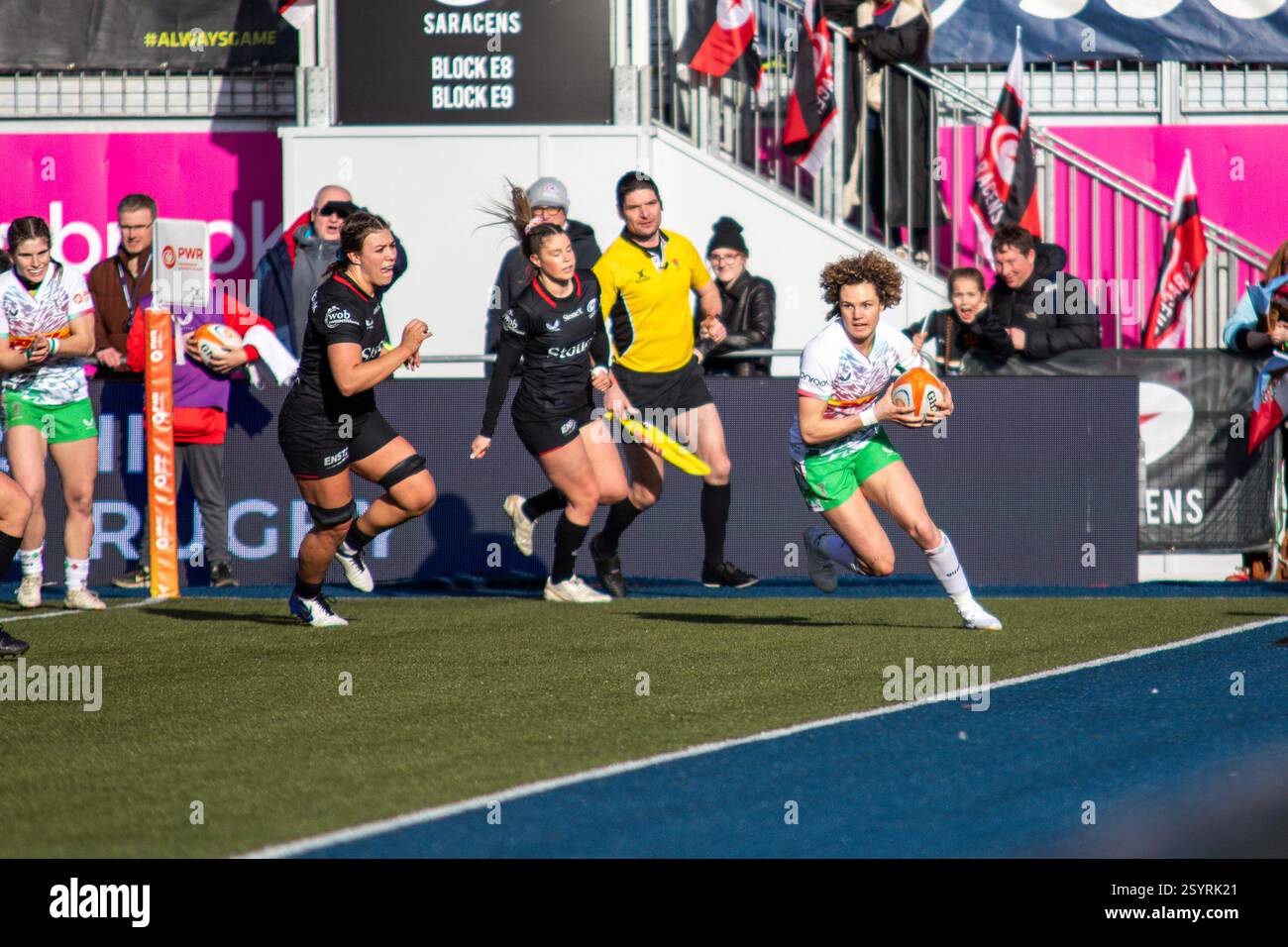 London, UK, 1st March 2025 Harlequins fullback Ellie Kildunne goes over ...