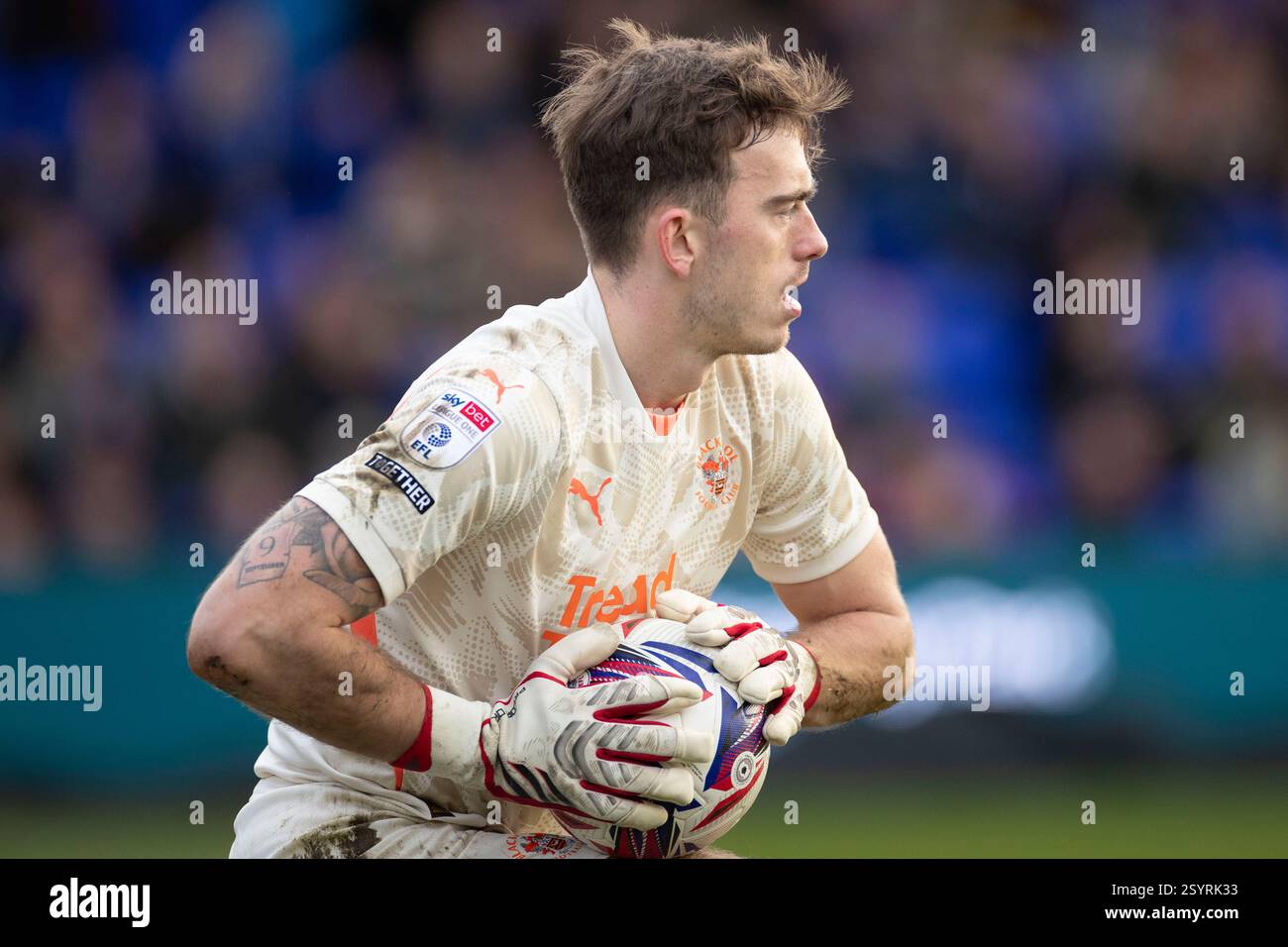 Stockport on Saturday 1st March 2025. Harry Tyer #30 of Blackpool F.C ...