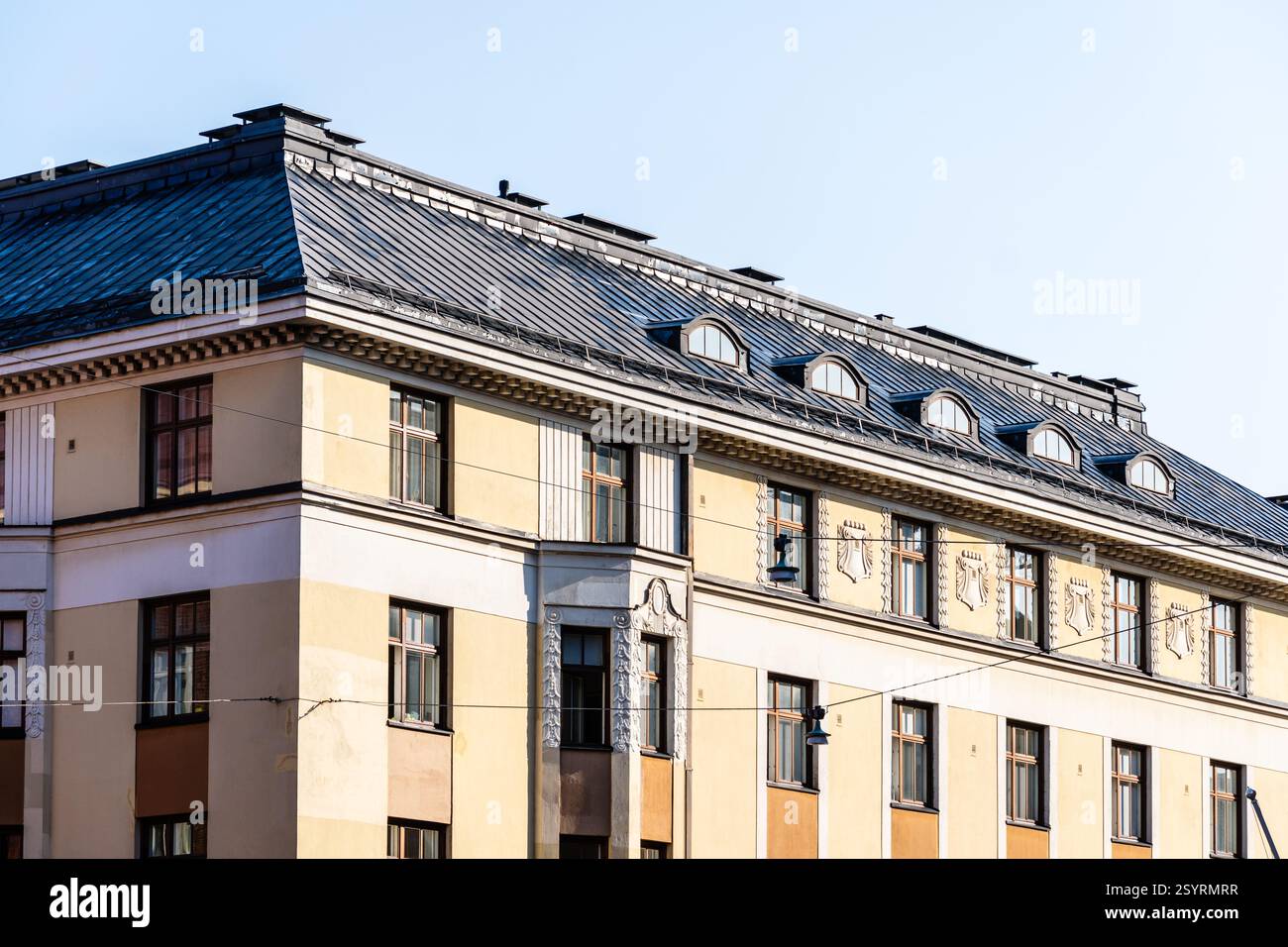 Architectural detail of a residential building facade in Helsinki ...