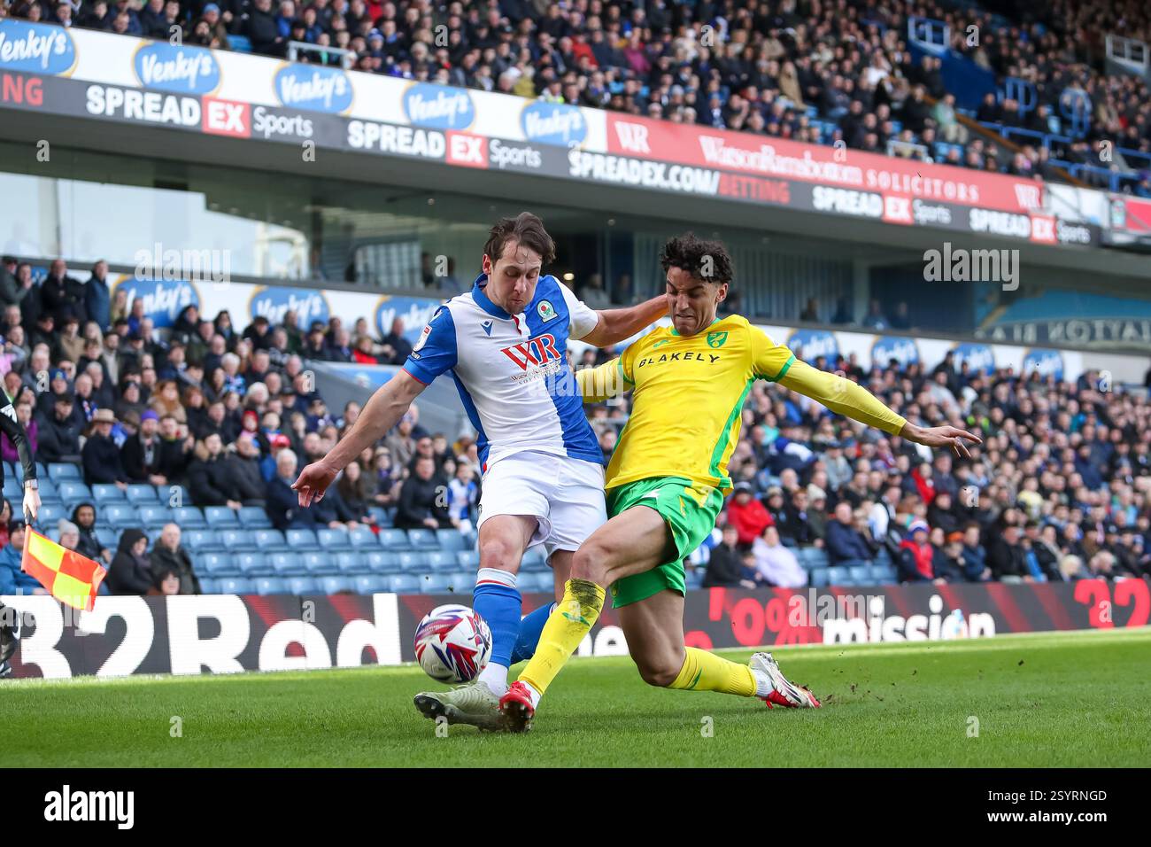 Callum Brittain of Blackburn Rovers is tackled by Ben Chrisene of ...