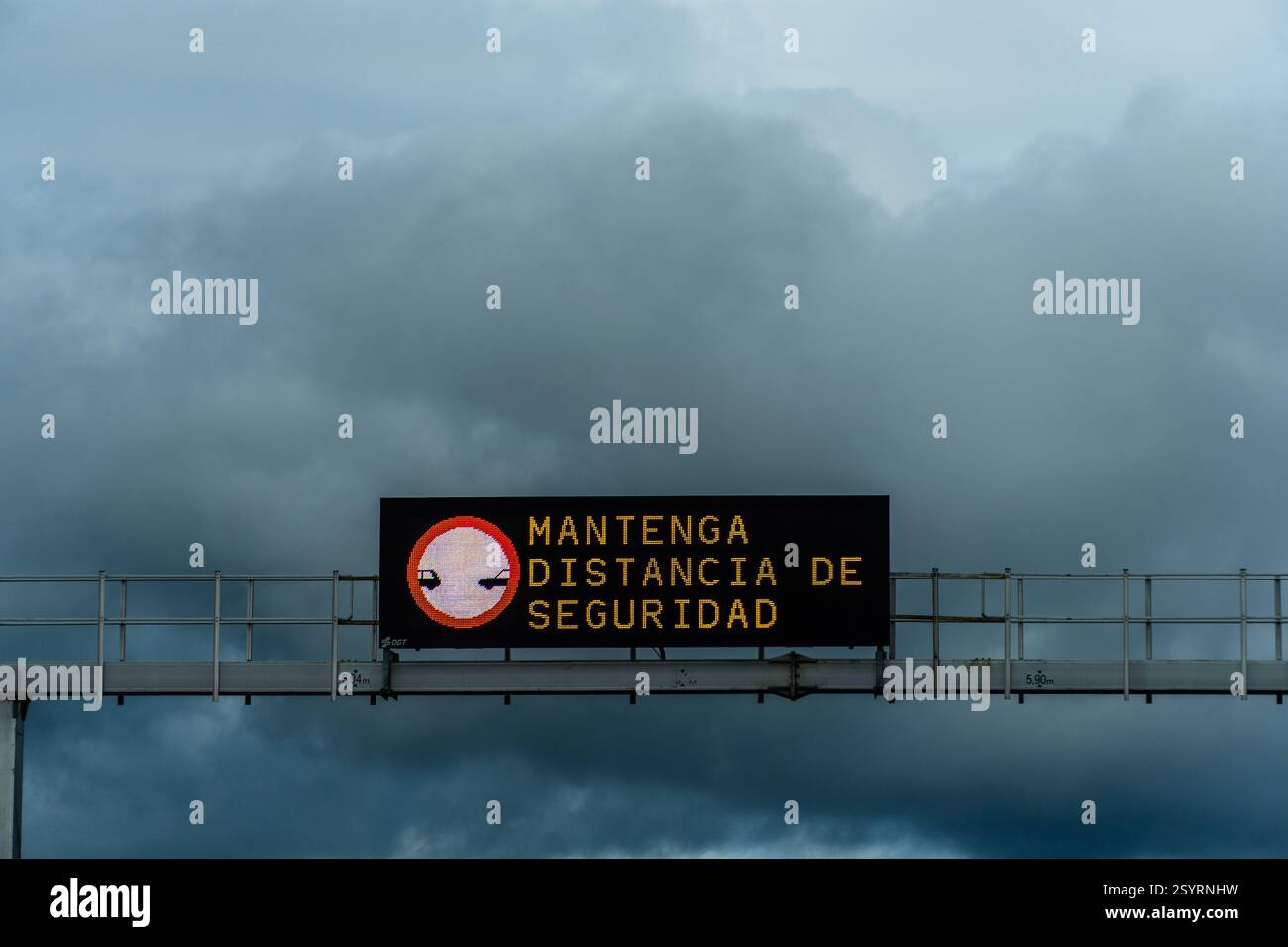 Road sign in Spanish with 'Mantenga Distancia de Seguridad' reminding ...
