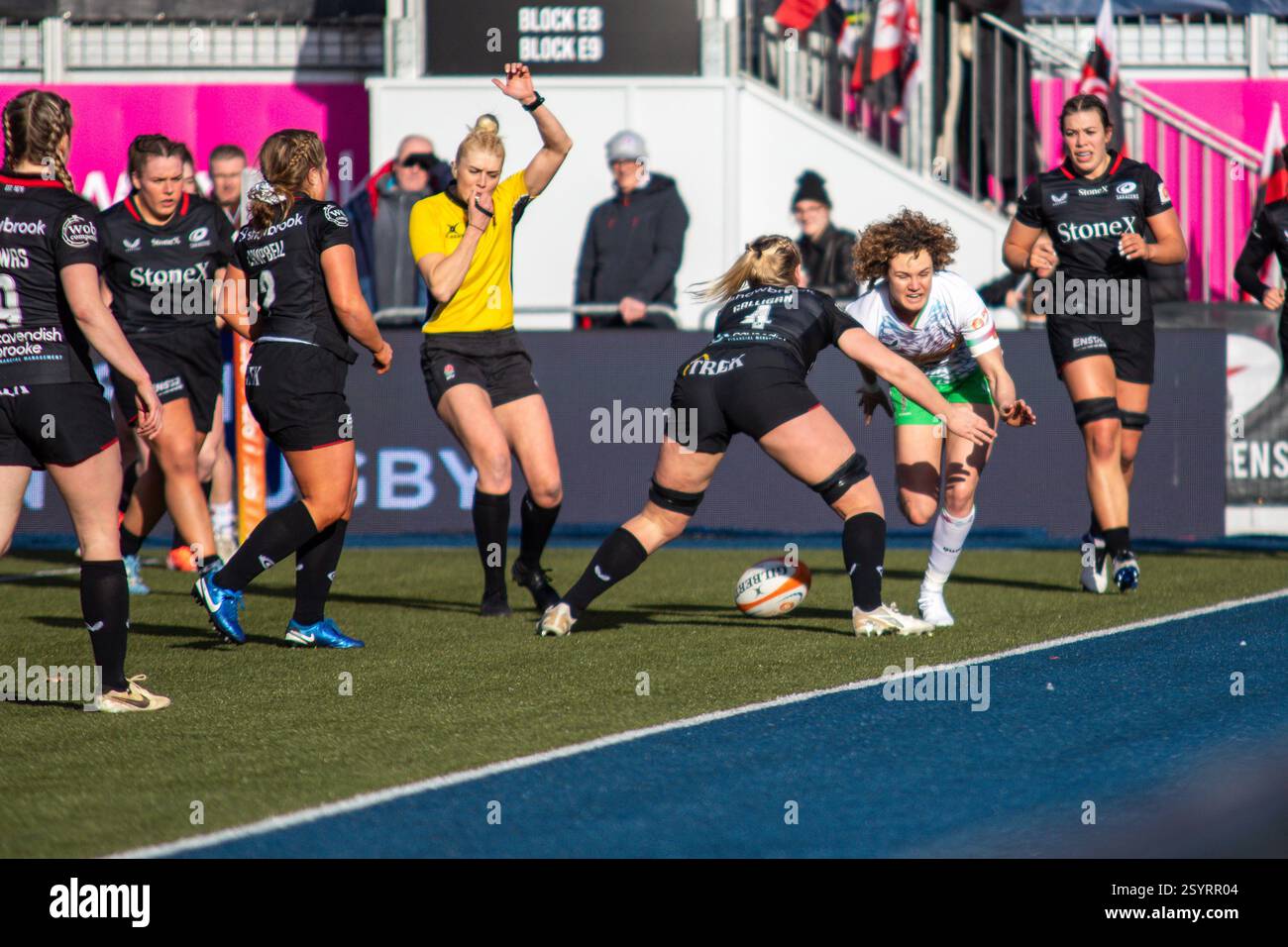 London, UK, 1st March 2025 Saracens number 4 Rosie Galligan puts a late ...