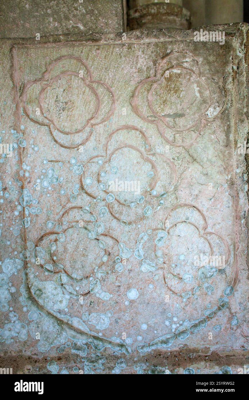 a close-up of an ancient stone carving depicting a stylized floral ...