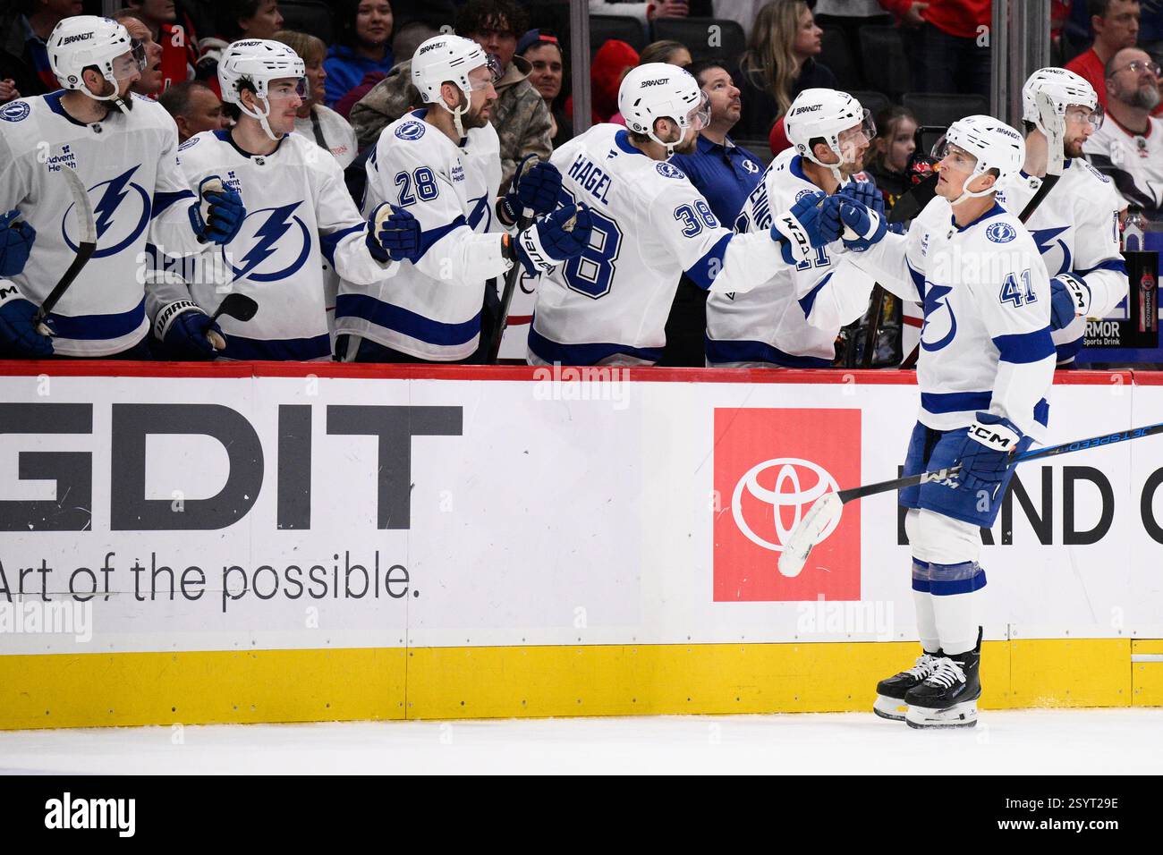 Tampa Bay Lightning right wing Mitchell Chaffee (41) celebrates his ...
