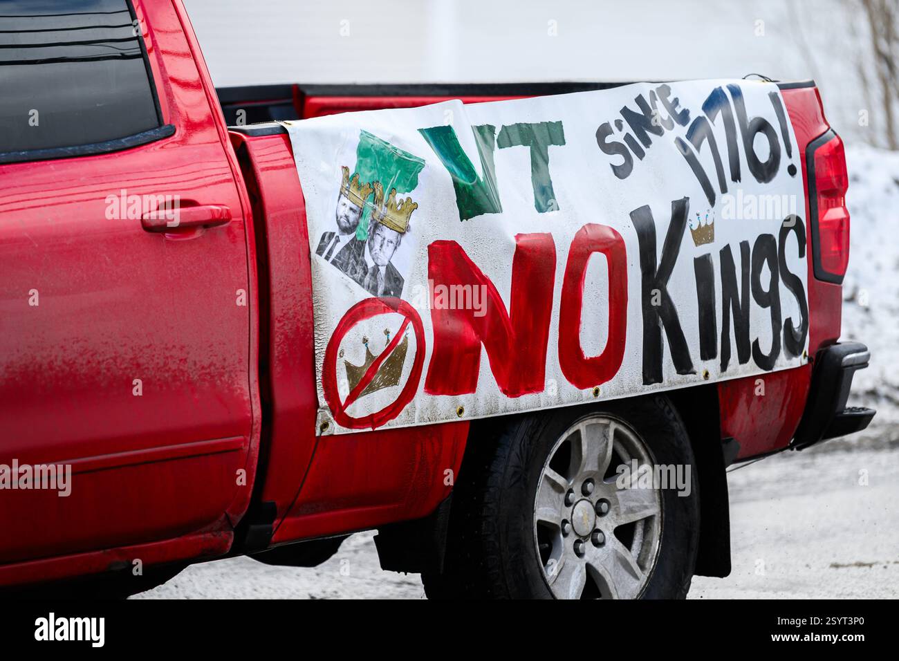 Waitsfield, Vermont, USA. 1 March 2025. Truck bears anti-Vance-Trump ...