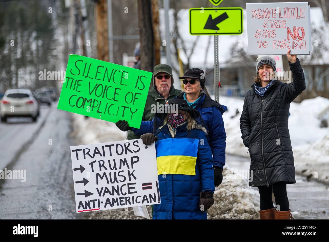 Waitsfield, Vermont, USA. 1 March 2025. Demonstrators line Route 100 in ...