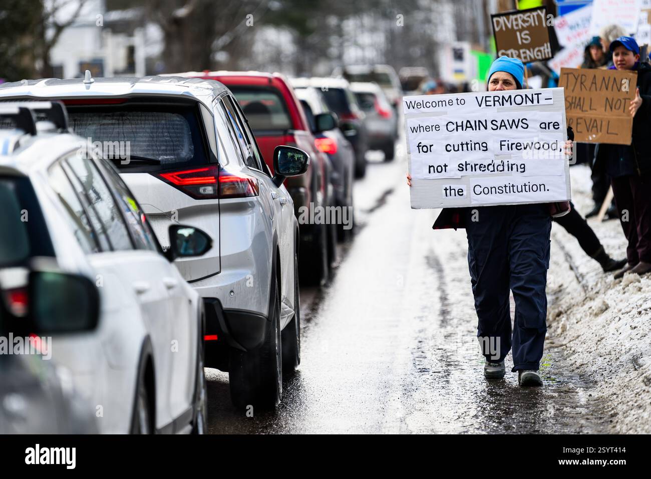Waitsfield, Vermont, USA. 1 March 2025. Demonstrators line Route 100 in ...
