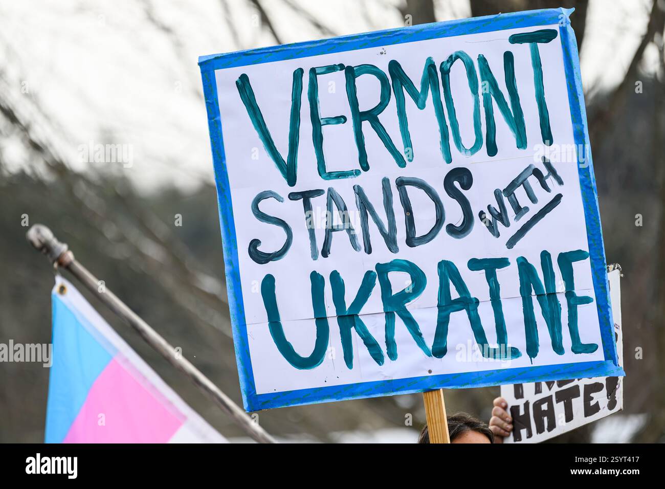 Waitsfield, Vermont, USA. 1 March 2025. Demonstrators line Route 100 in ...