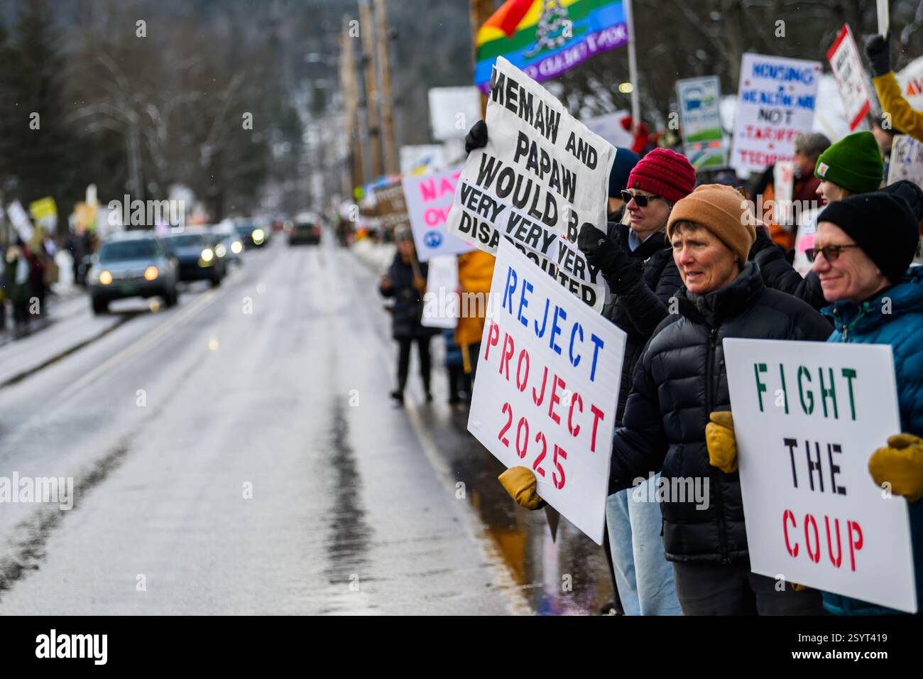 Waitsfield, Vermont, USA. 1 March 2025. Demonstrators line Route 100 in ...