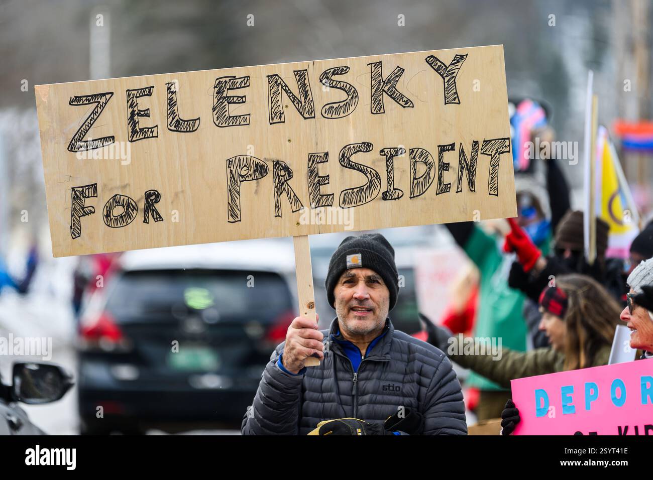 Waitsfield, Vermont, USA. 1 March 2025. Demonstrators line Route 100 in ...