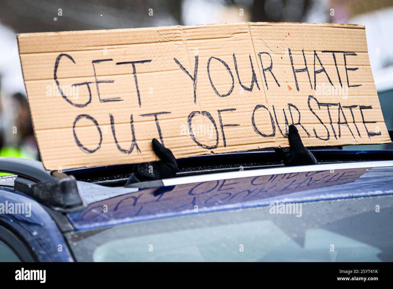 Waitsfield, Vermont, USA. 1 March 2025. Demonstrators line Route 100 in ...