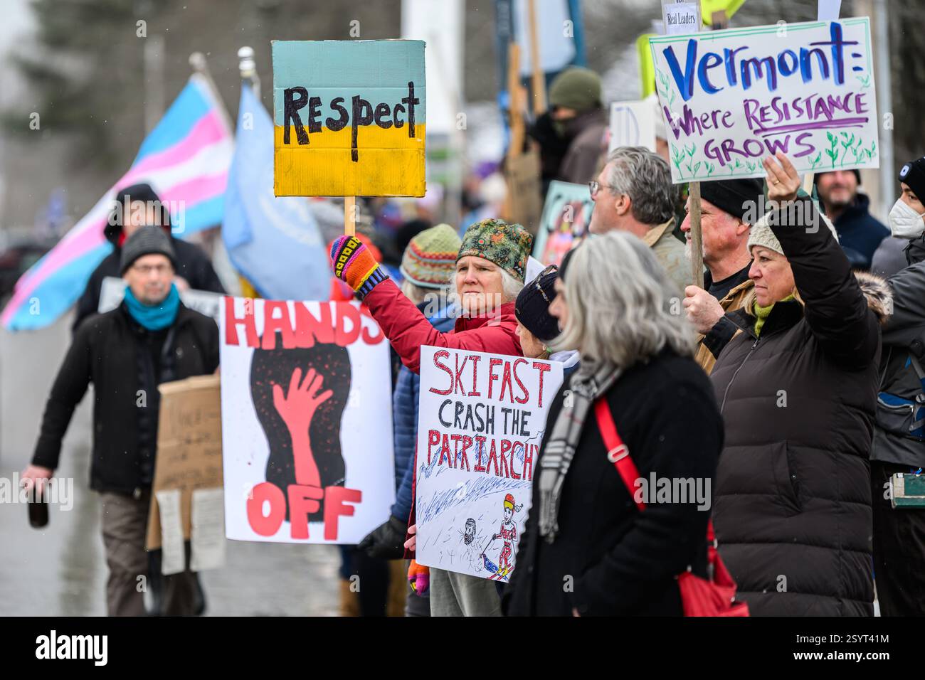 Waitsfield, Vermont, USA. 1 March 2025. Demonstrators line Route 100 in ...