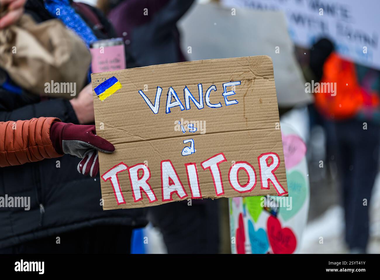 Waitsfield, Vermont, USA. 1 March 2025. Demonstrators line Route 100 in ...