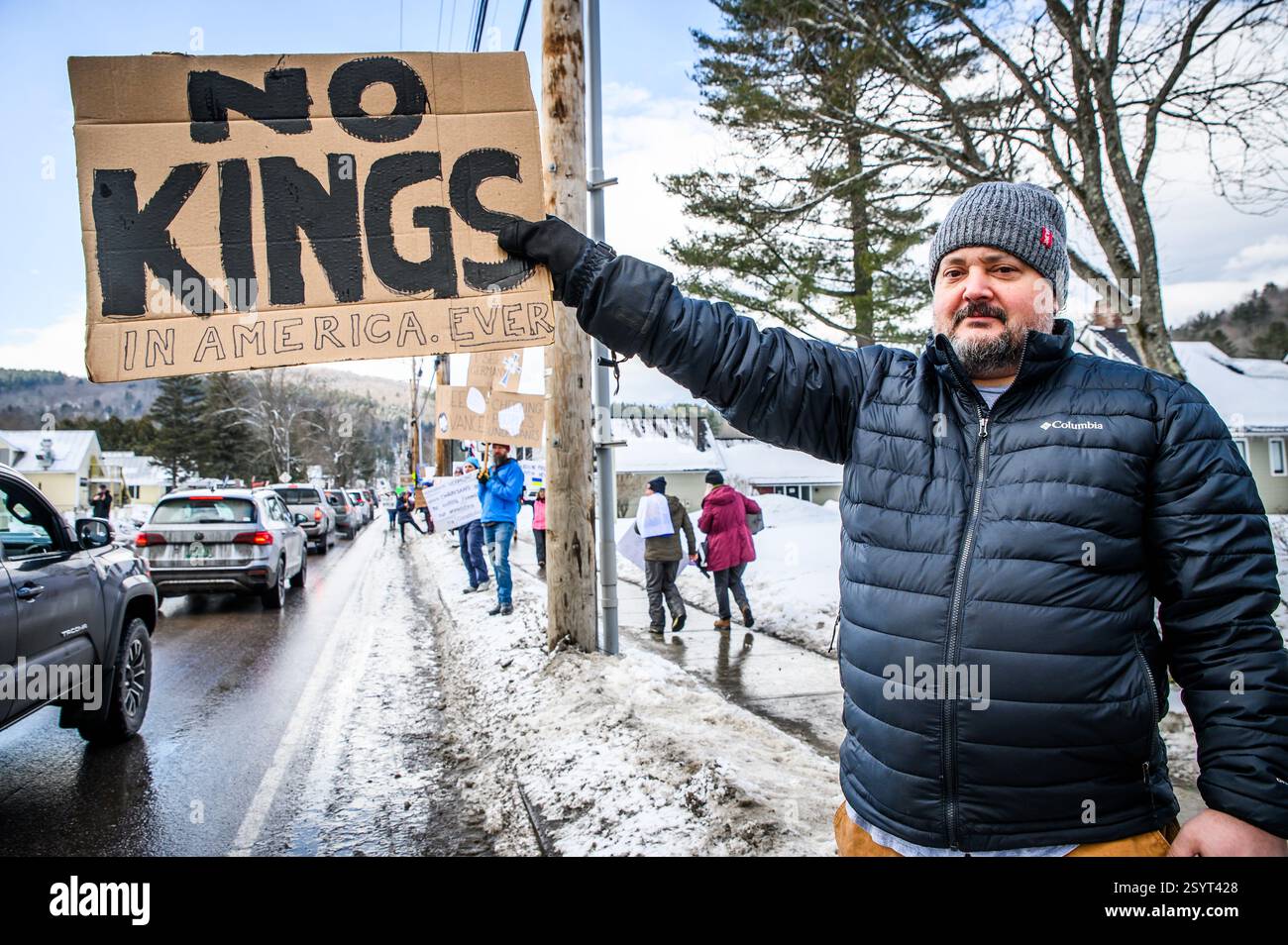 Waitsfield, Vermont, USA. 1 March 2025. Demonstrators line Route 100 in ...