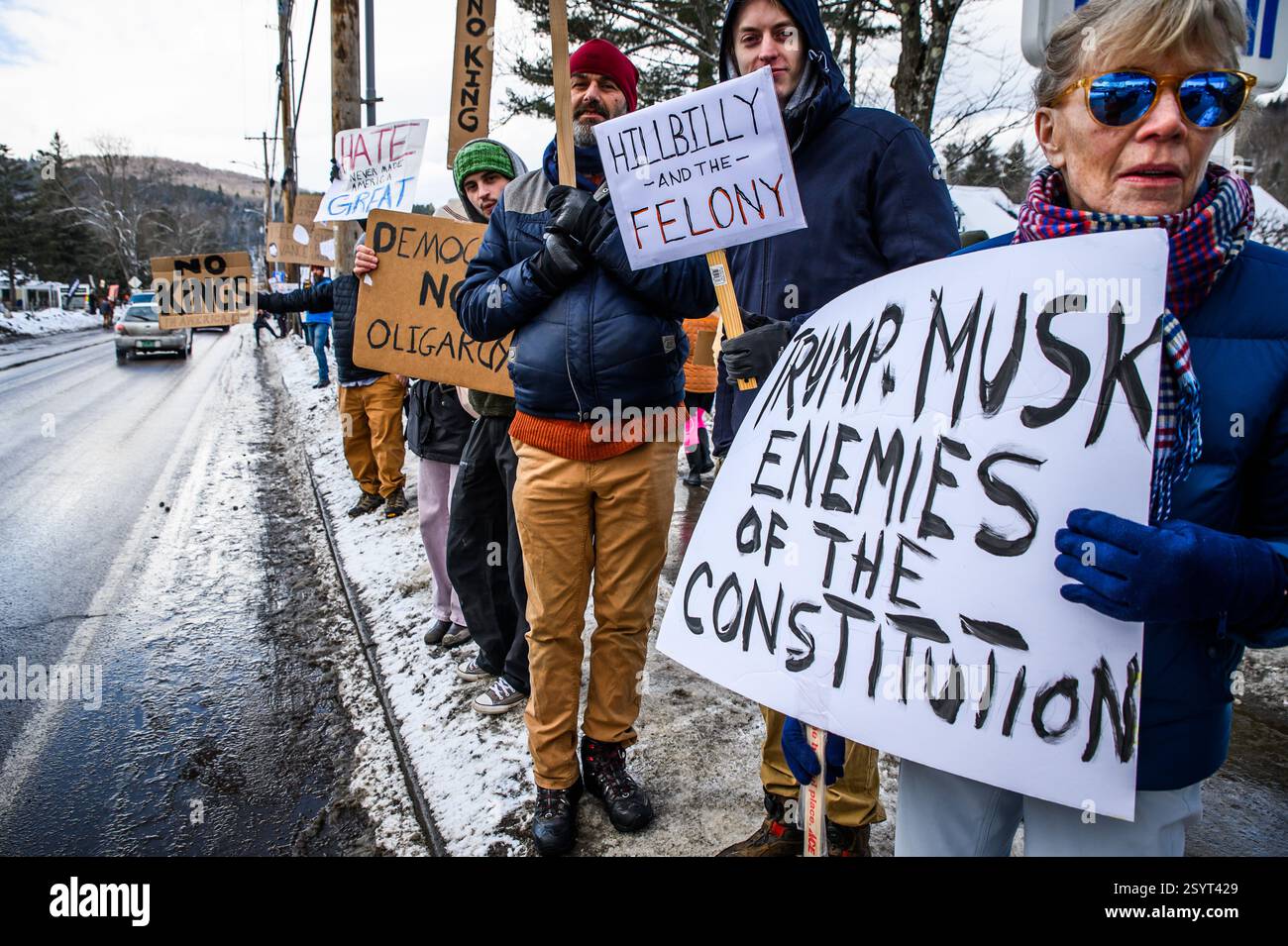 Waitsfield, Vermont, USA. 1 March 2025. Demonstrators line Route 100 in ...