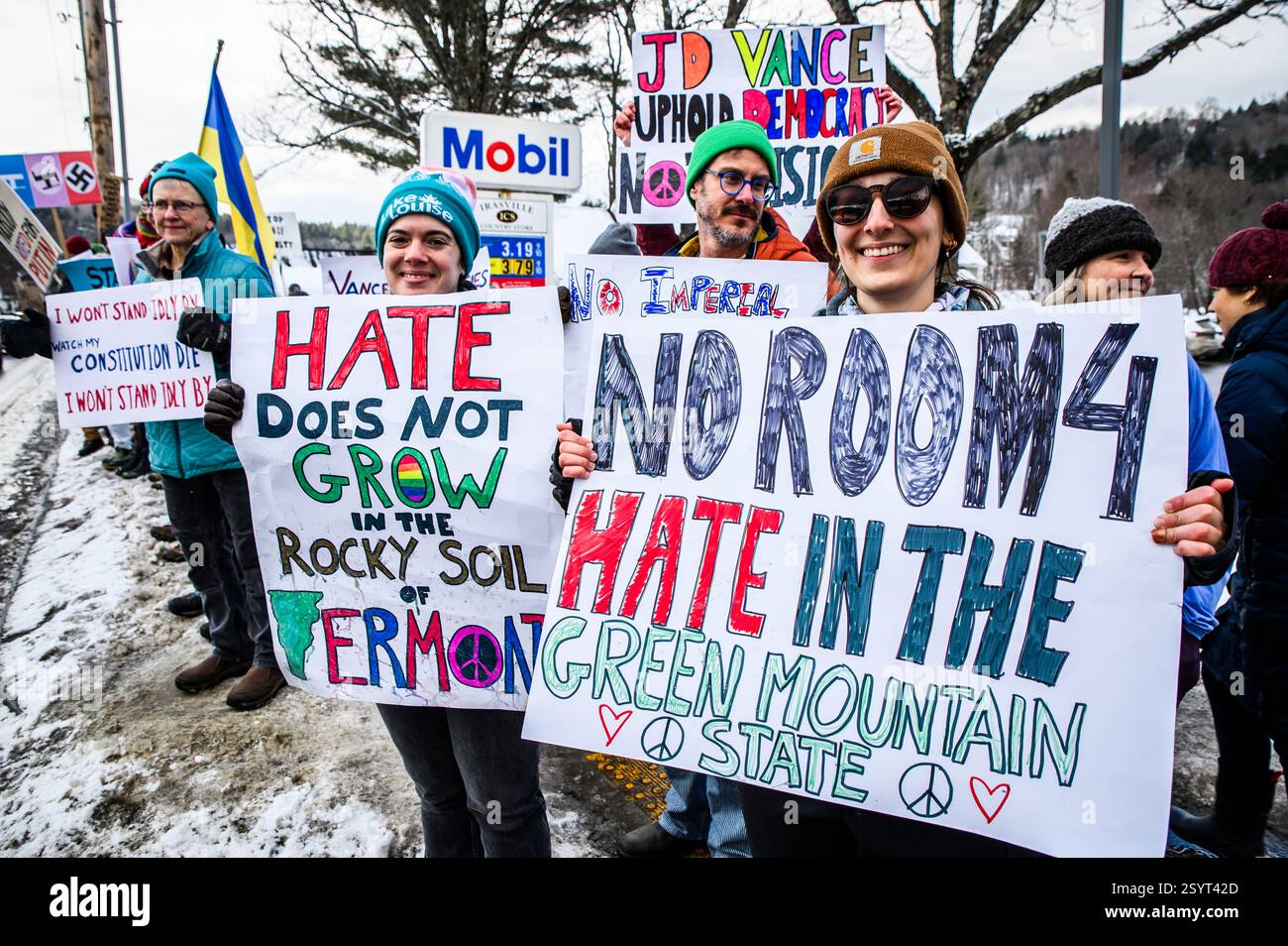 Waitsfield, Vermont, USA. 1 March 2025. Demonstrators line Route 100 in ...
